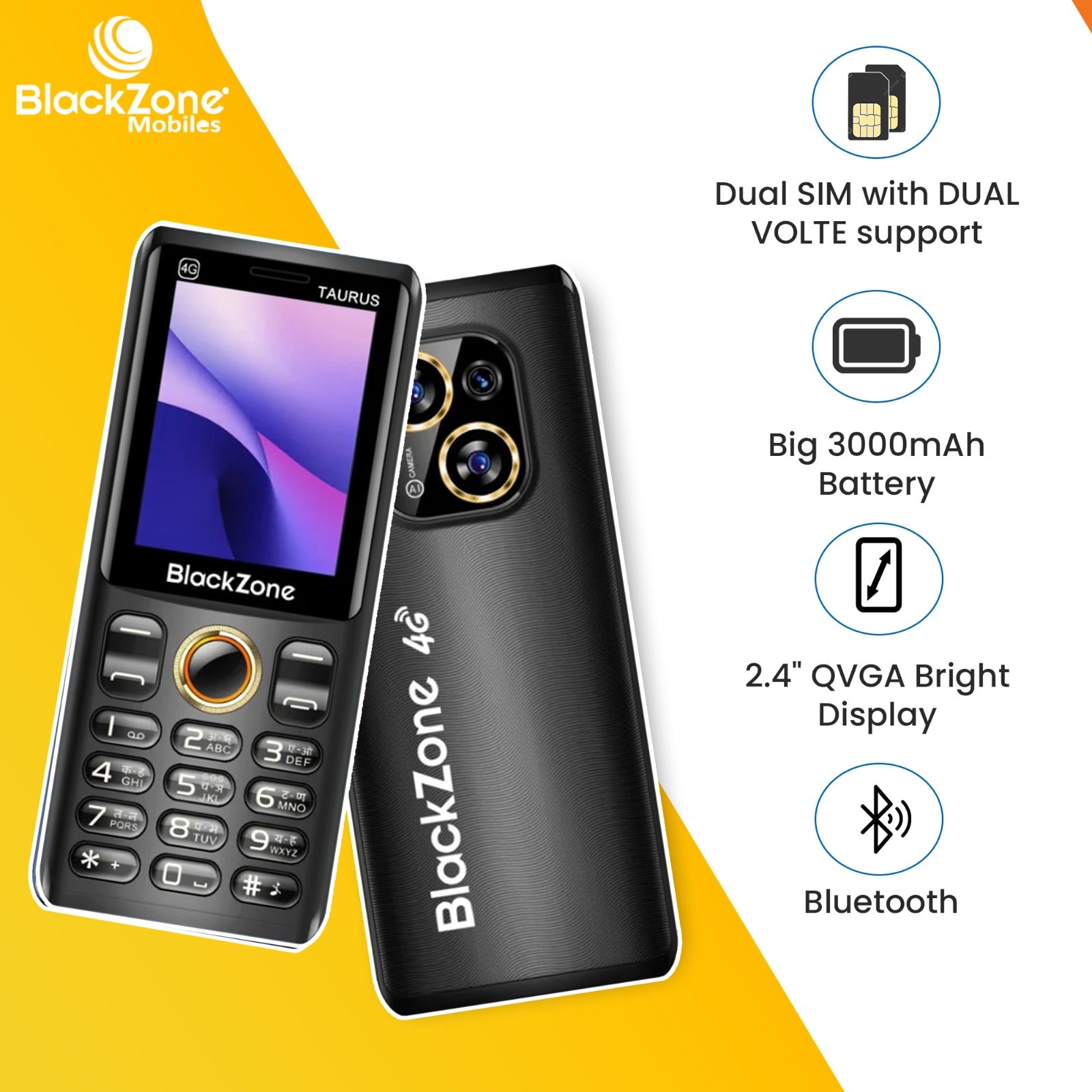 BlackZone Taurus 4G with 2 Jio SIM support, 2.4 Inch Crystal Keypad Di